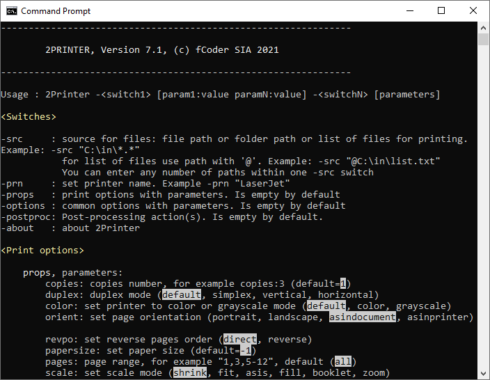 fCoder 2Printer Command Line Syntax
