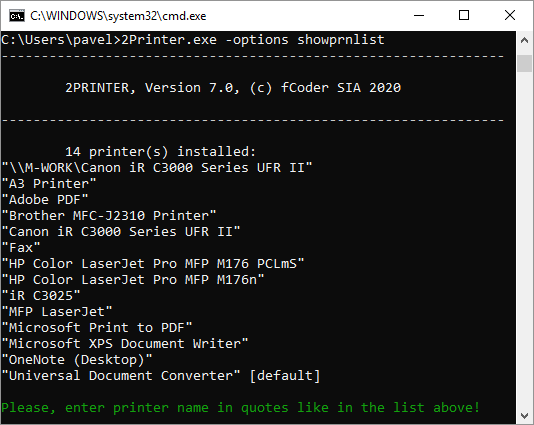 fCoder 2Printer Command Line Syntax